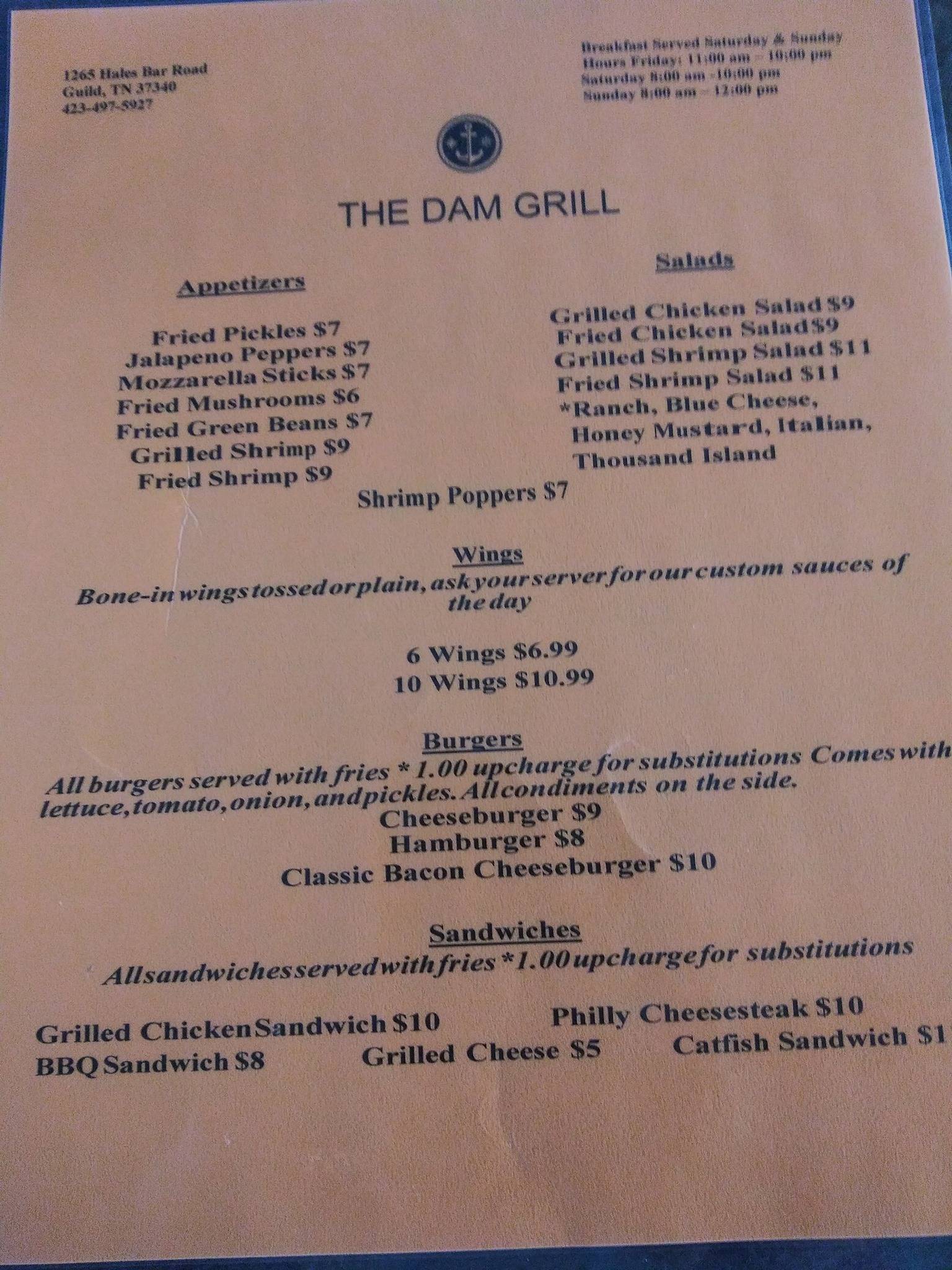 Menu at The Dam Grill restaurant, Guild