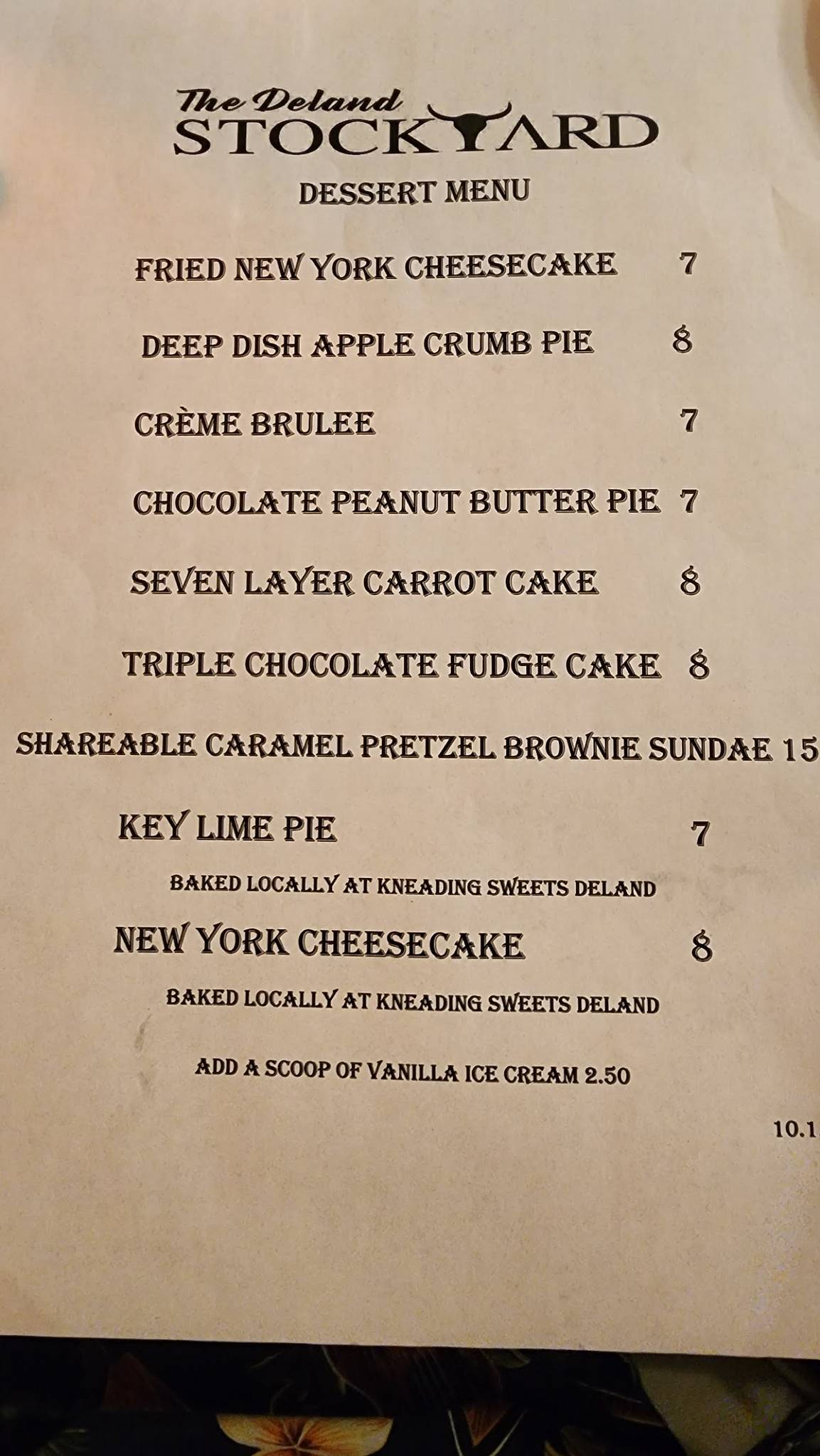 Menu at The DeLand Stockyard steakhouse, DeLand