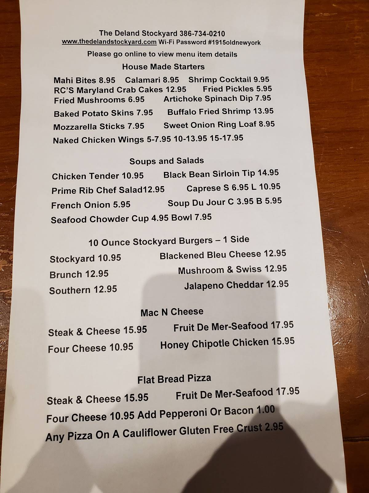 Menu at The DeLand Stockyard steakhouse, DeLand