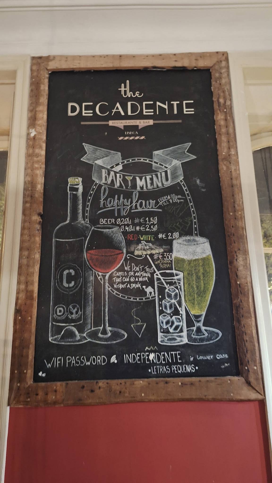 Menu at The Decadente restaurant, Lisbon