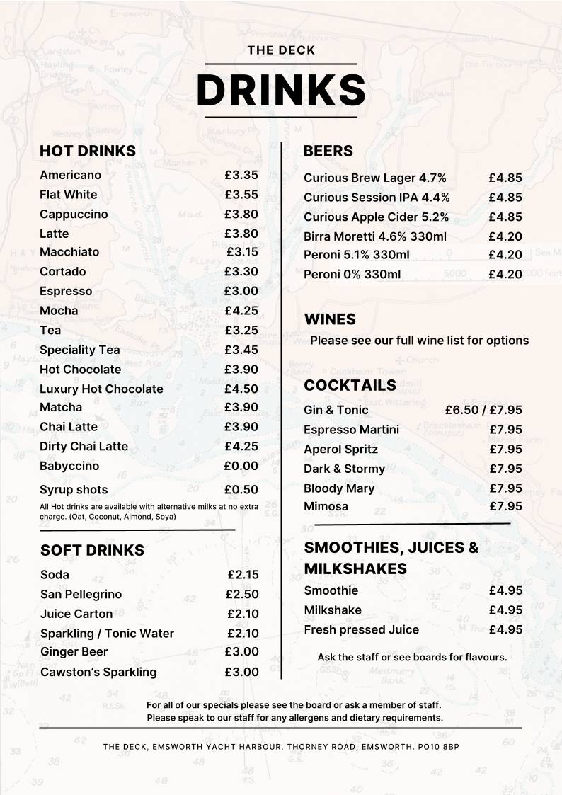 Menu at The Deck Emsworth restaurant, Emsworth