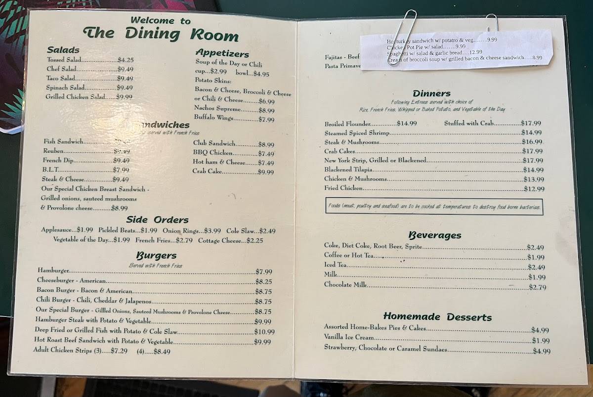 Menu at The Dining Room restaurant, Inwood, 368 True Apple Way