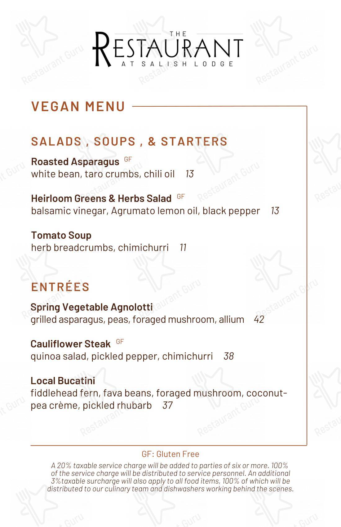 Menu at The Restaurant & Terrace Bar at Salish Lodge, Snoqualmie