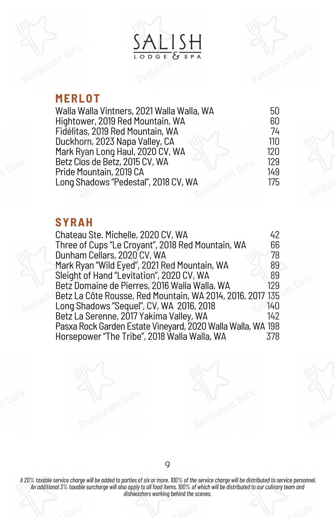 Menu at The Restaurant & Terrace Bar at Salish Lodge, Snoqualmie