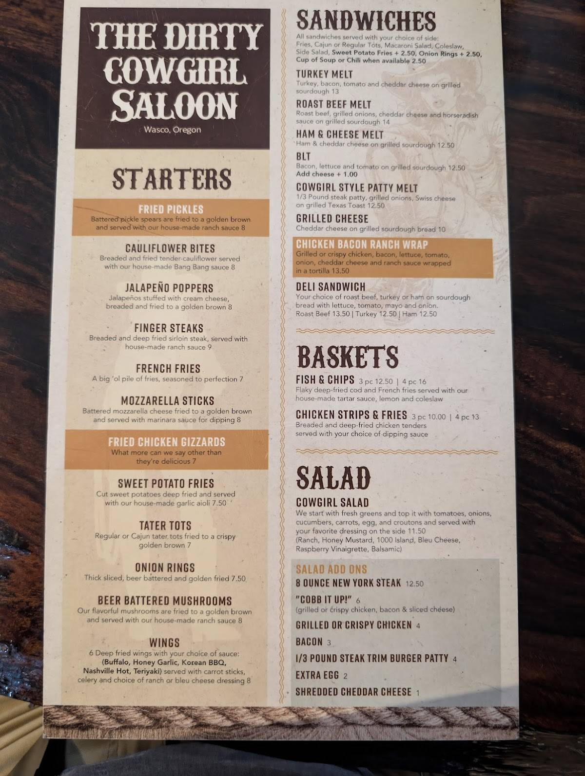 Menu at The Dirty Cowgirl Saloon pub & bar, Wasco