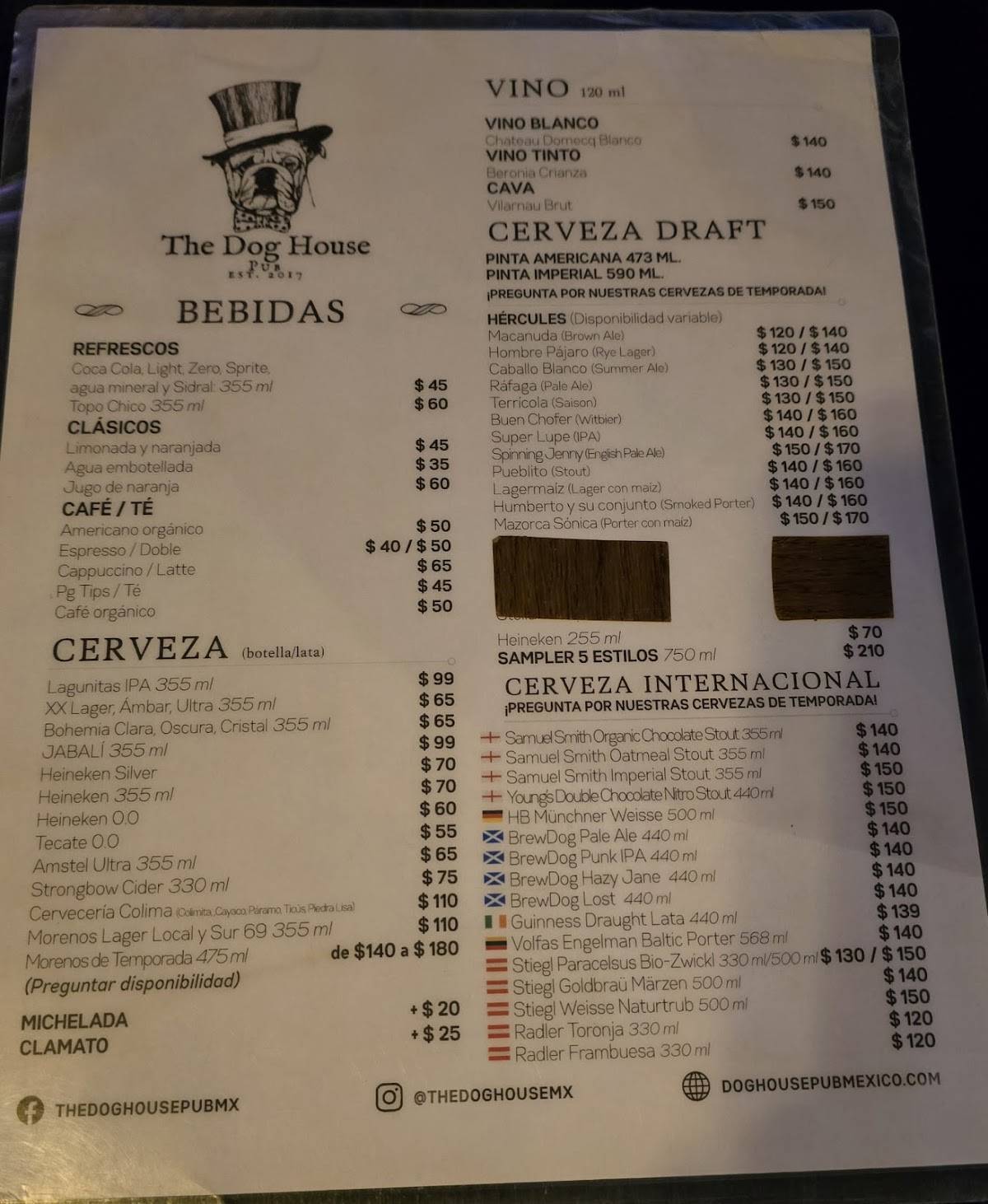 Carta de The Dog House Pub, Ciudad de México