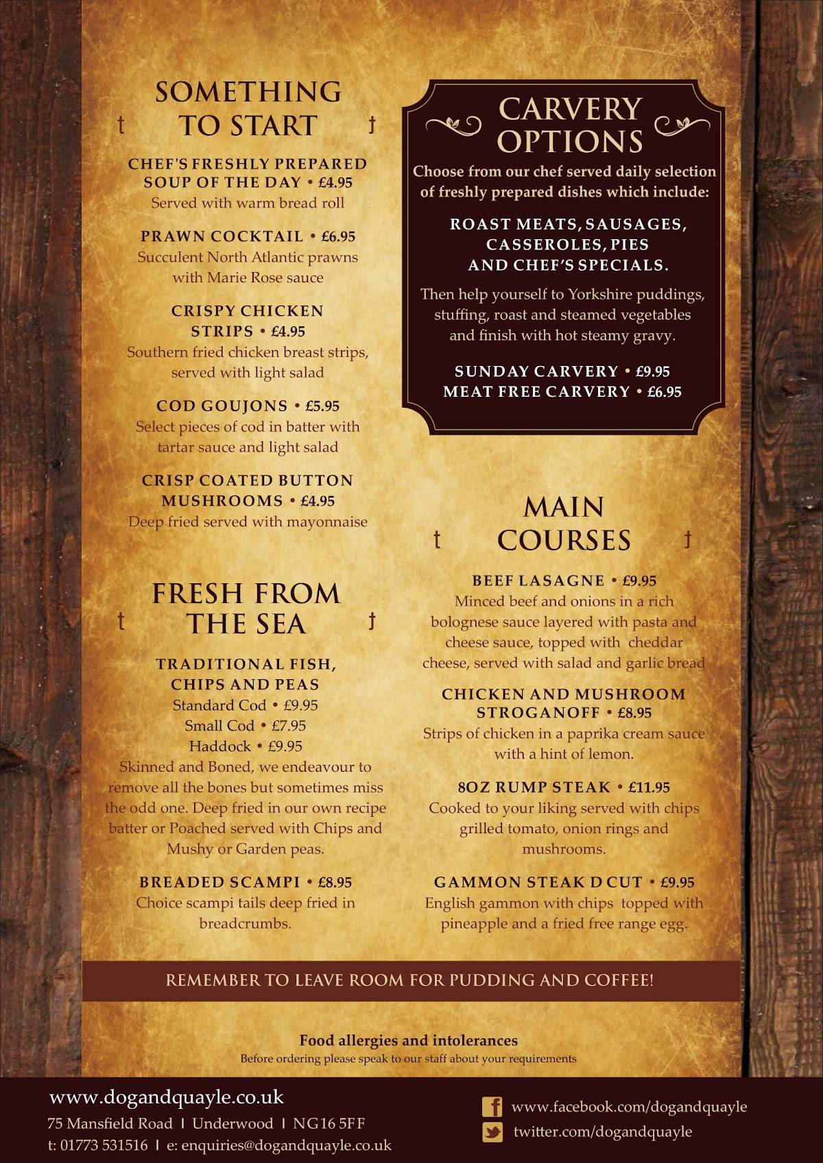 Menu at The Dog and Quayle restaurant, Nottingham