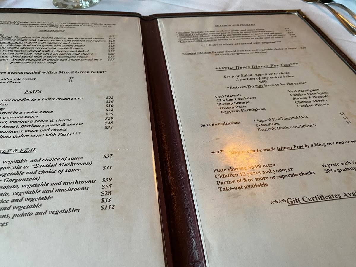 Menu at The Dove steakhouse, West Seneca