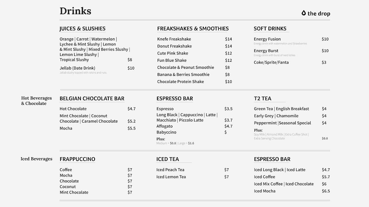 Menu at The Drop Cafe, Liverpool