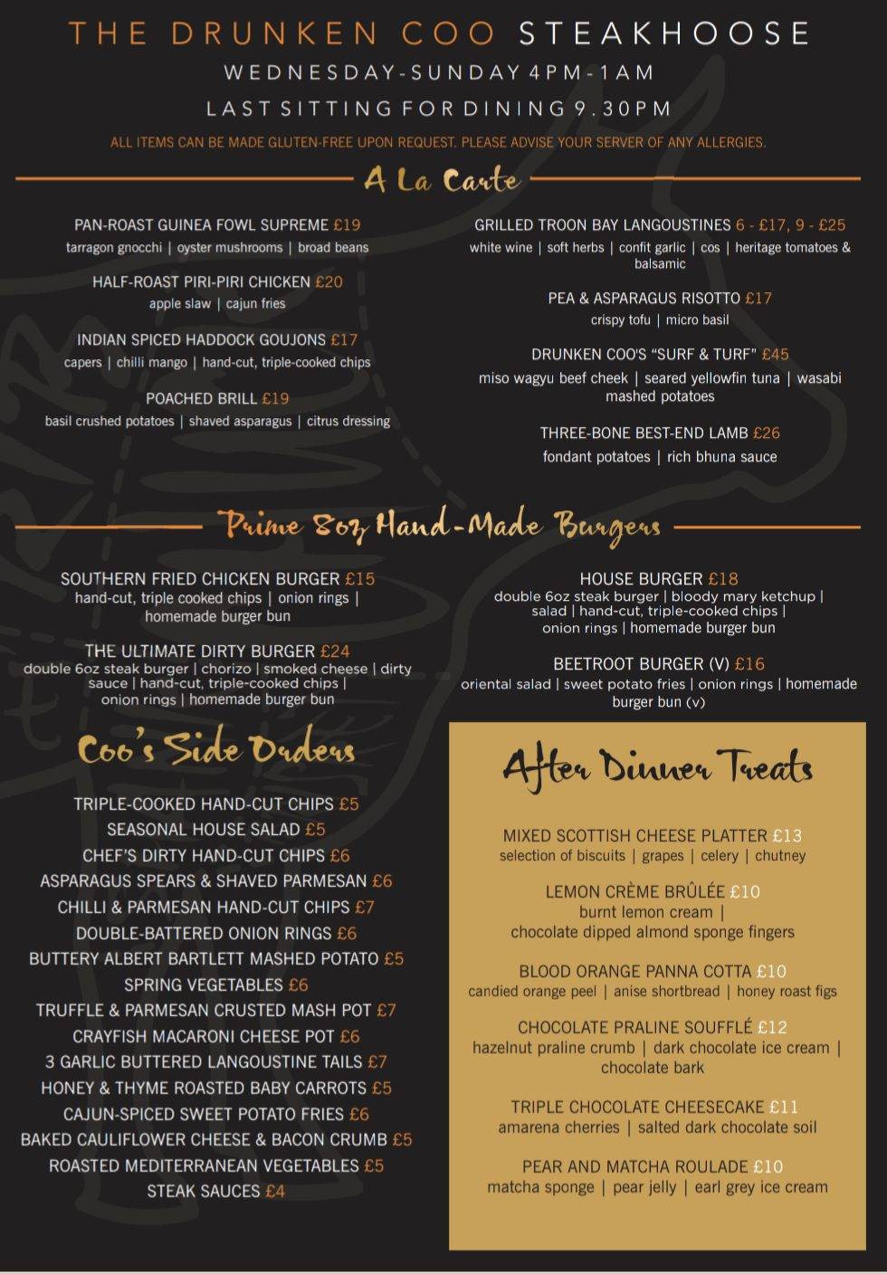 Menu at The Drunken Coo restaurant, Ayr