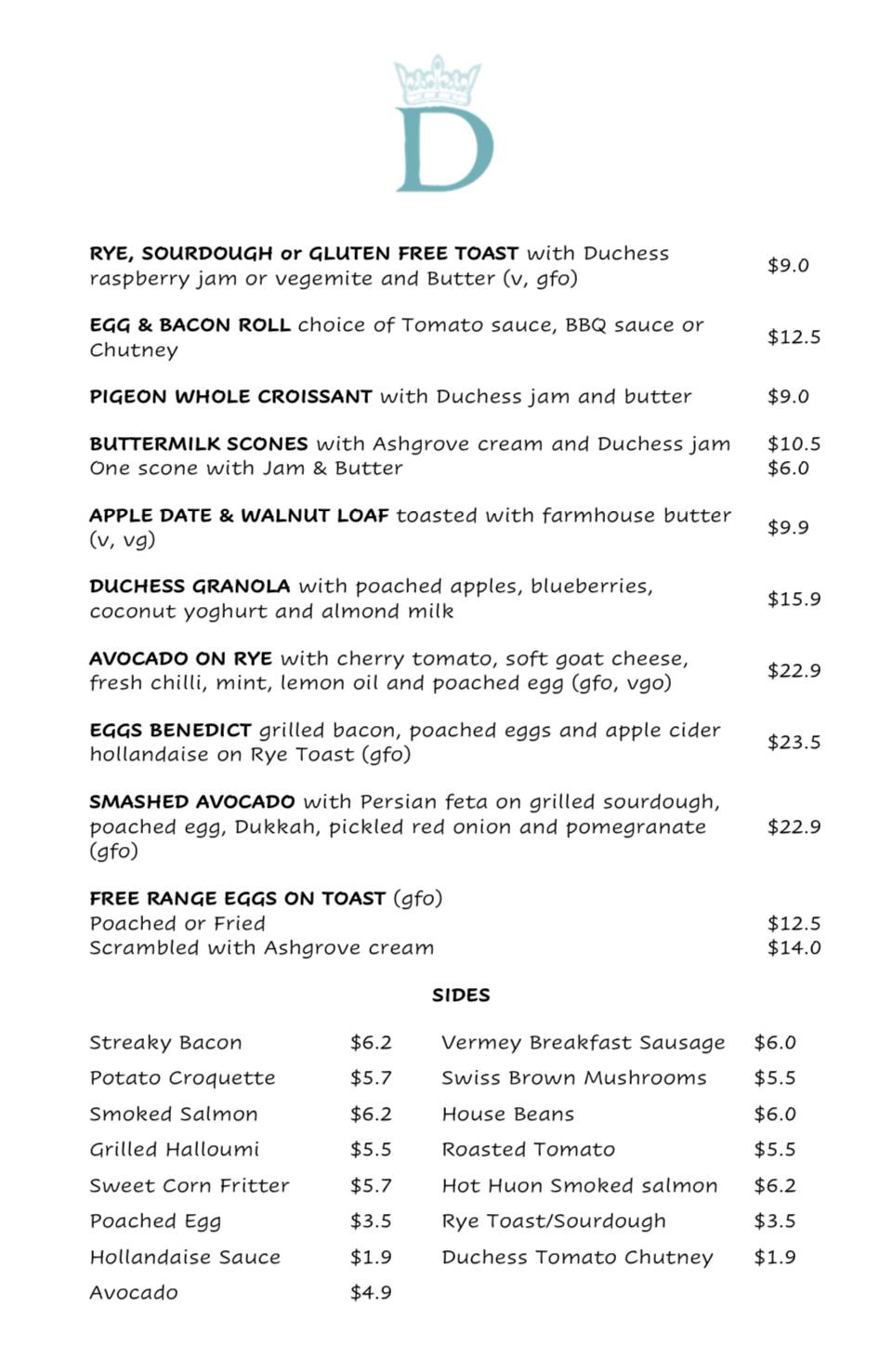 Menu at The Duchess Cafe, Sandy Bay