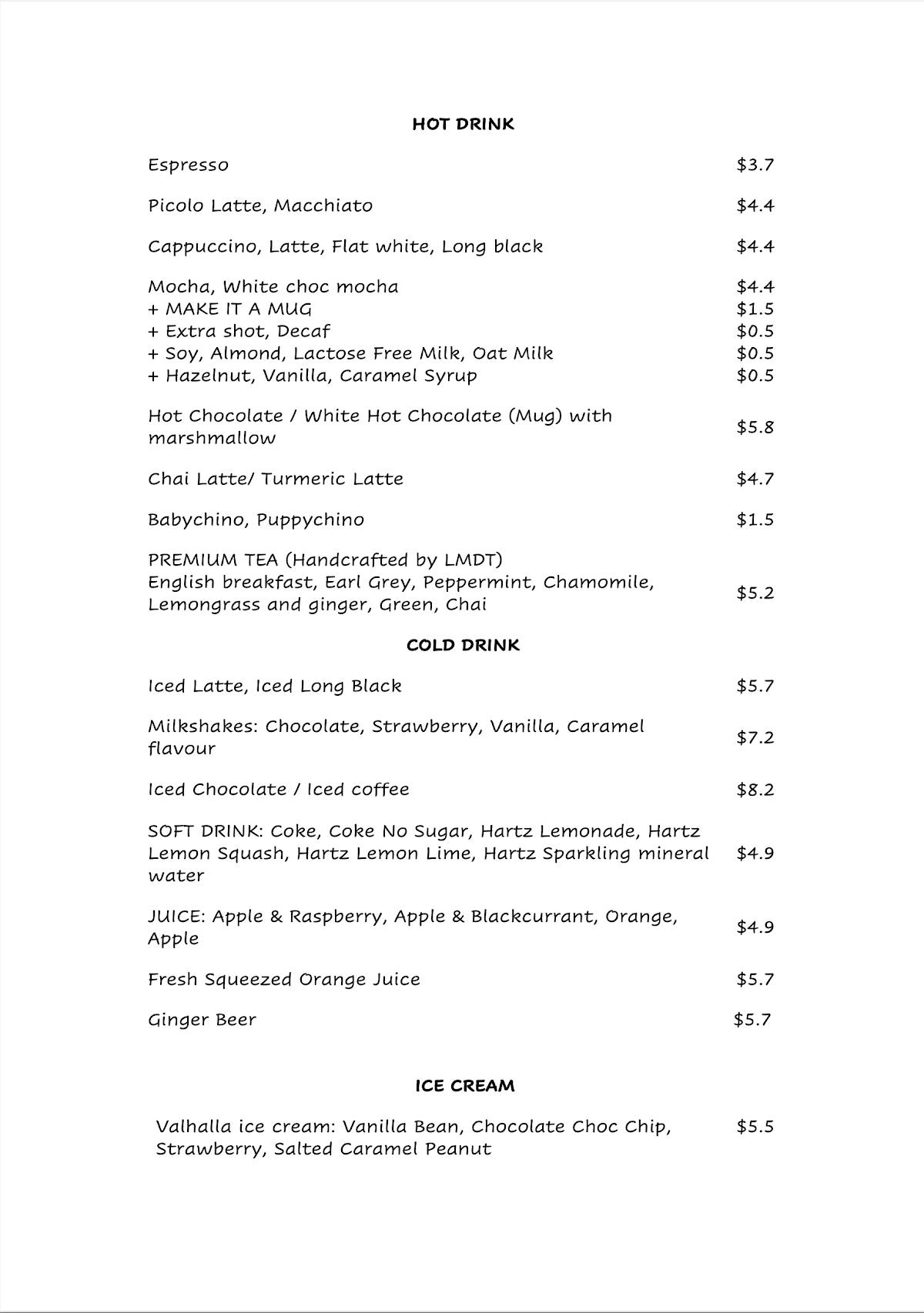 Menu at The Duchess Cafe, Sandy Bay