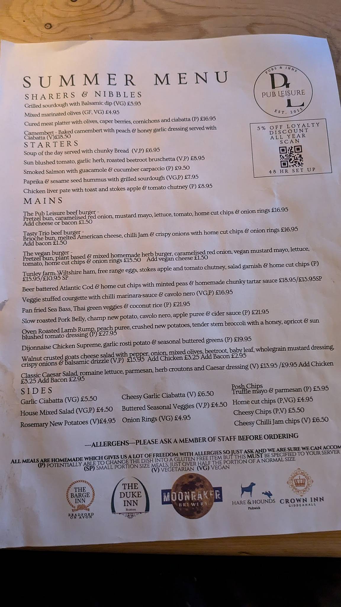 Menu at The Duke Inn restaurant, Westbury, Melbourne Street