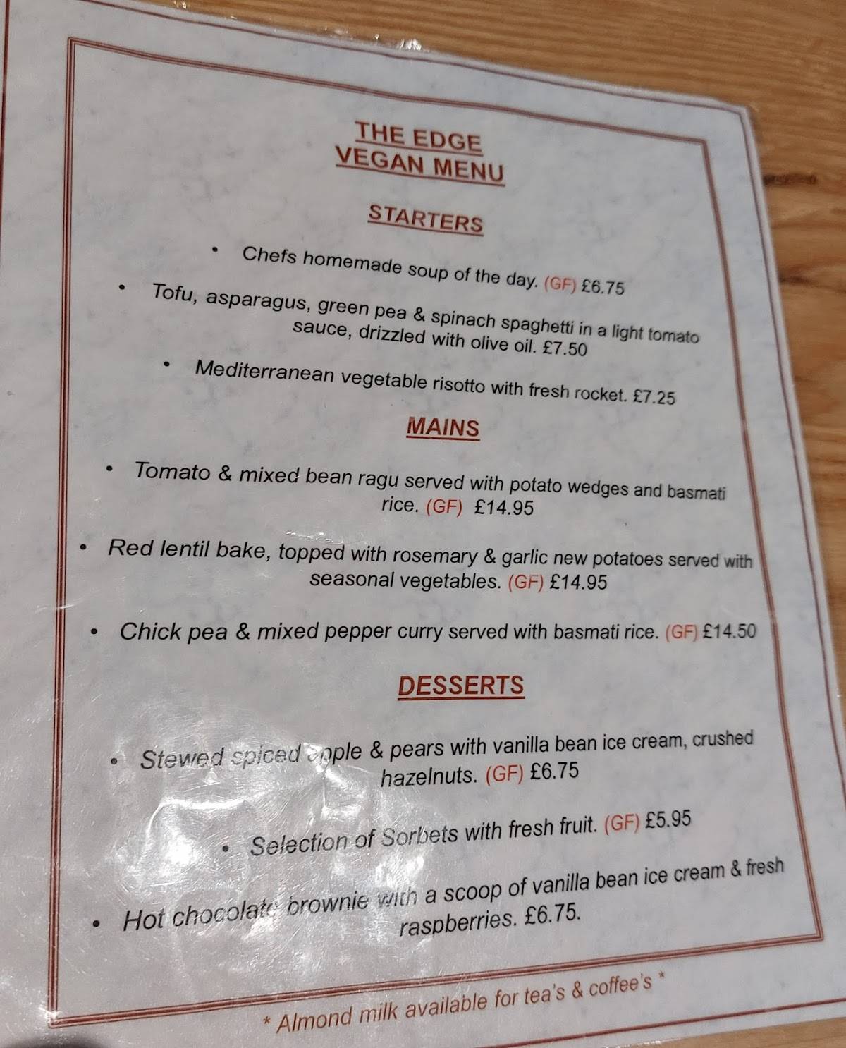 Menu at The Edge Restaurant, Whitby
