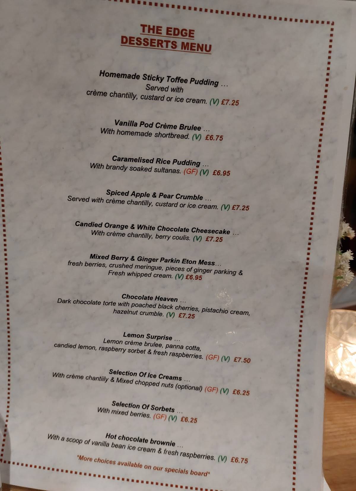 Menu at The Edge Restaurant, Whitby