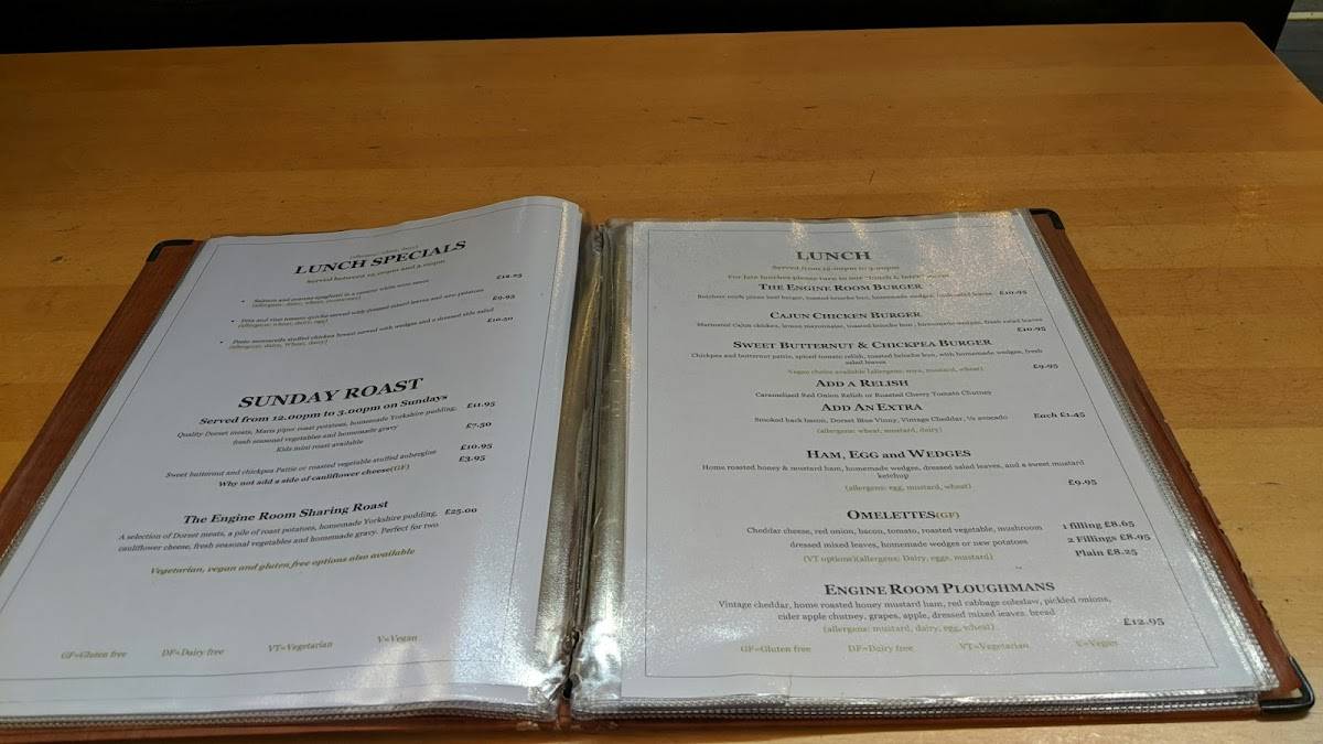 Menu at The Engine Room Restaurant, Dorchester, Poundbury Gardens