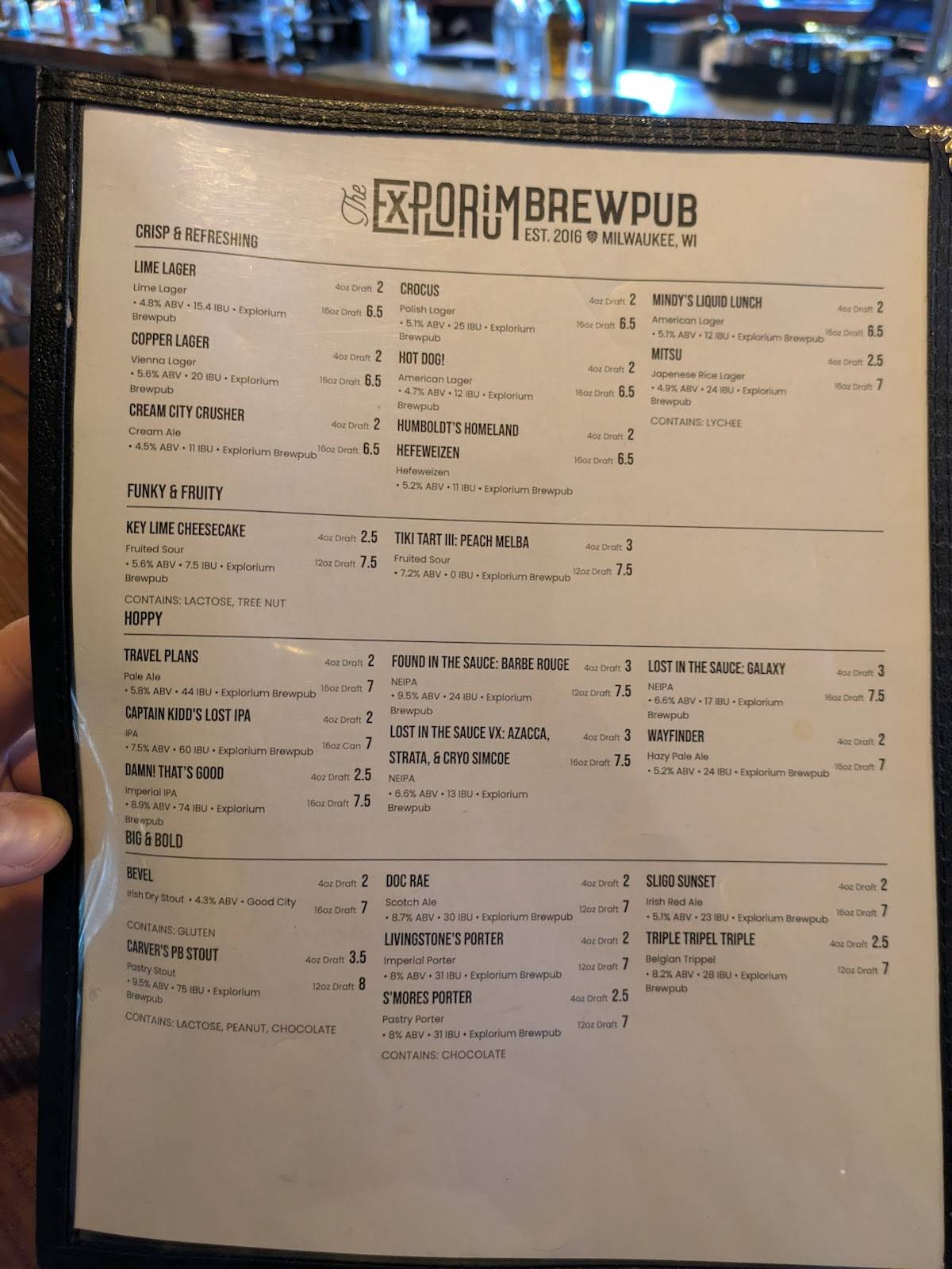 Menu at The Explorium Brewpub Third Ward, Milwaukee
