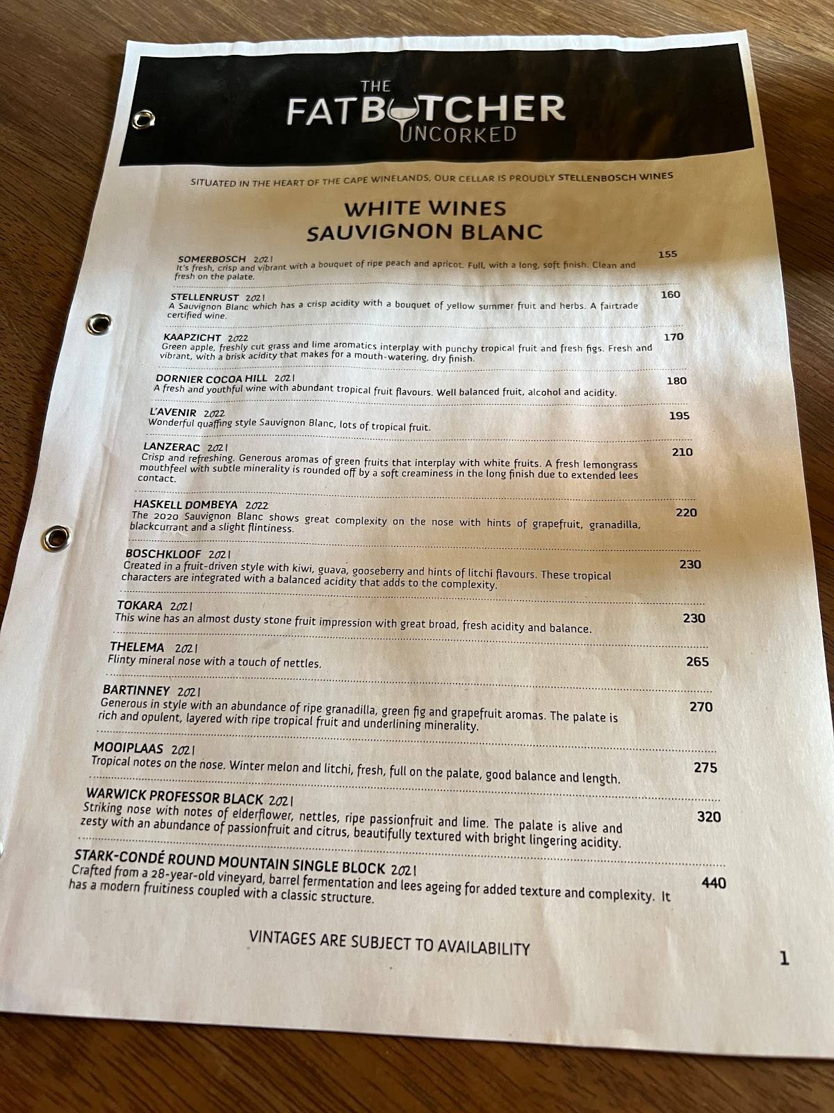 Speisekarte von The Fat Butcher restaurant, Stellenbosch