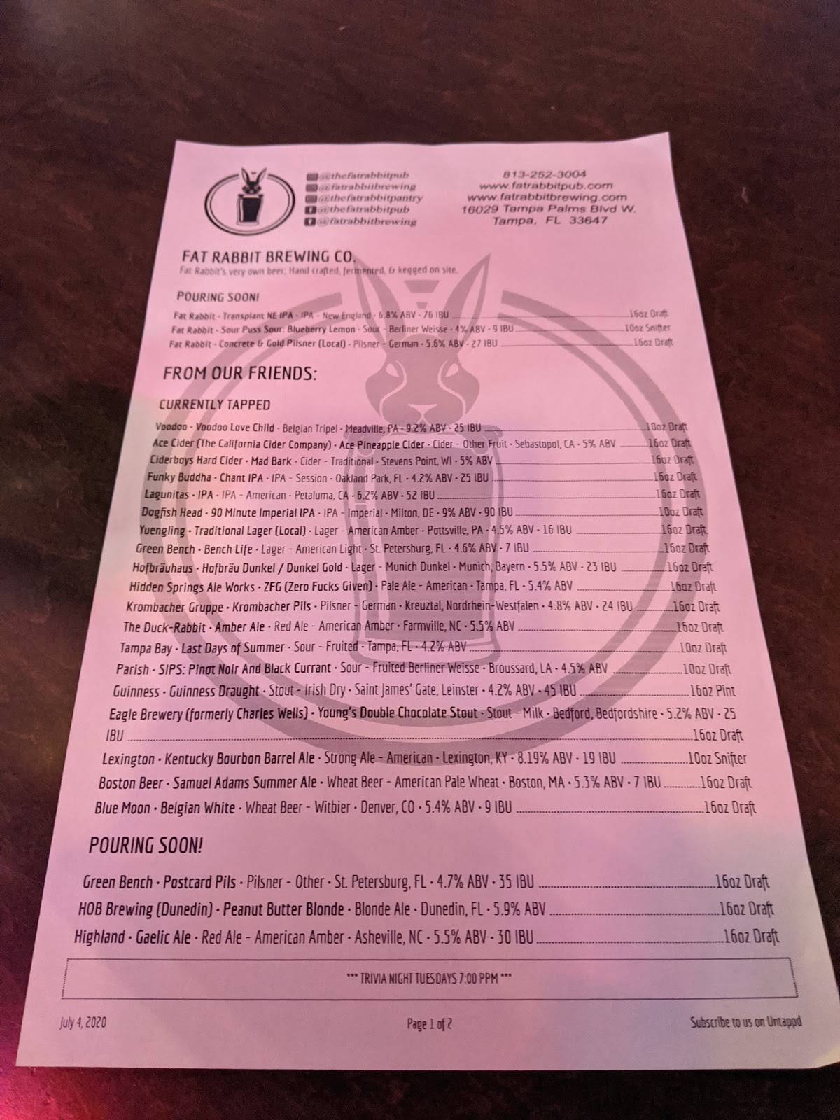 Menu at The Fat Rabbit Pub, Tampa