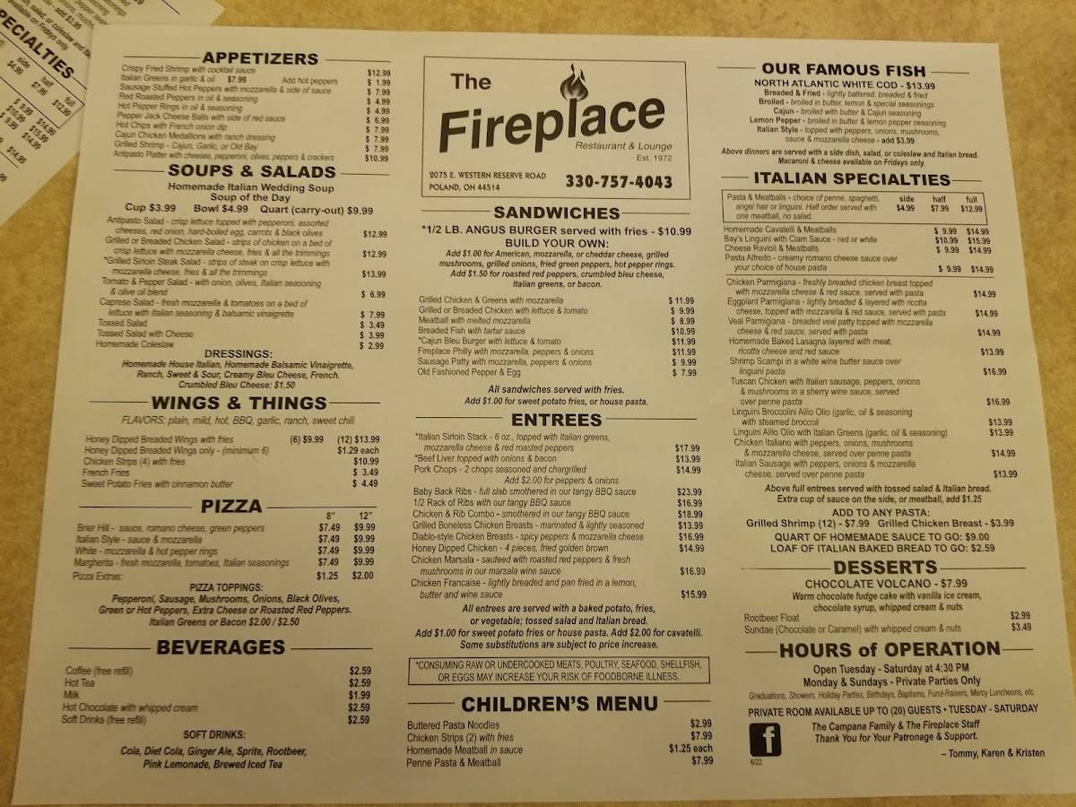 Menu at The Fireplace restaurant, Boardman