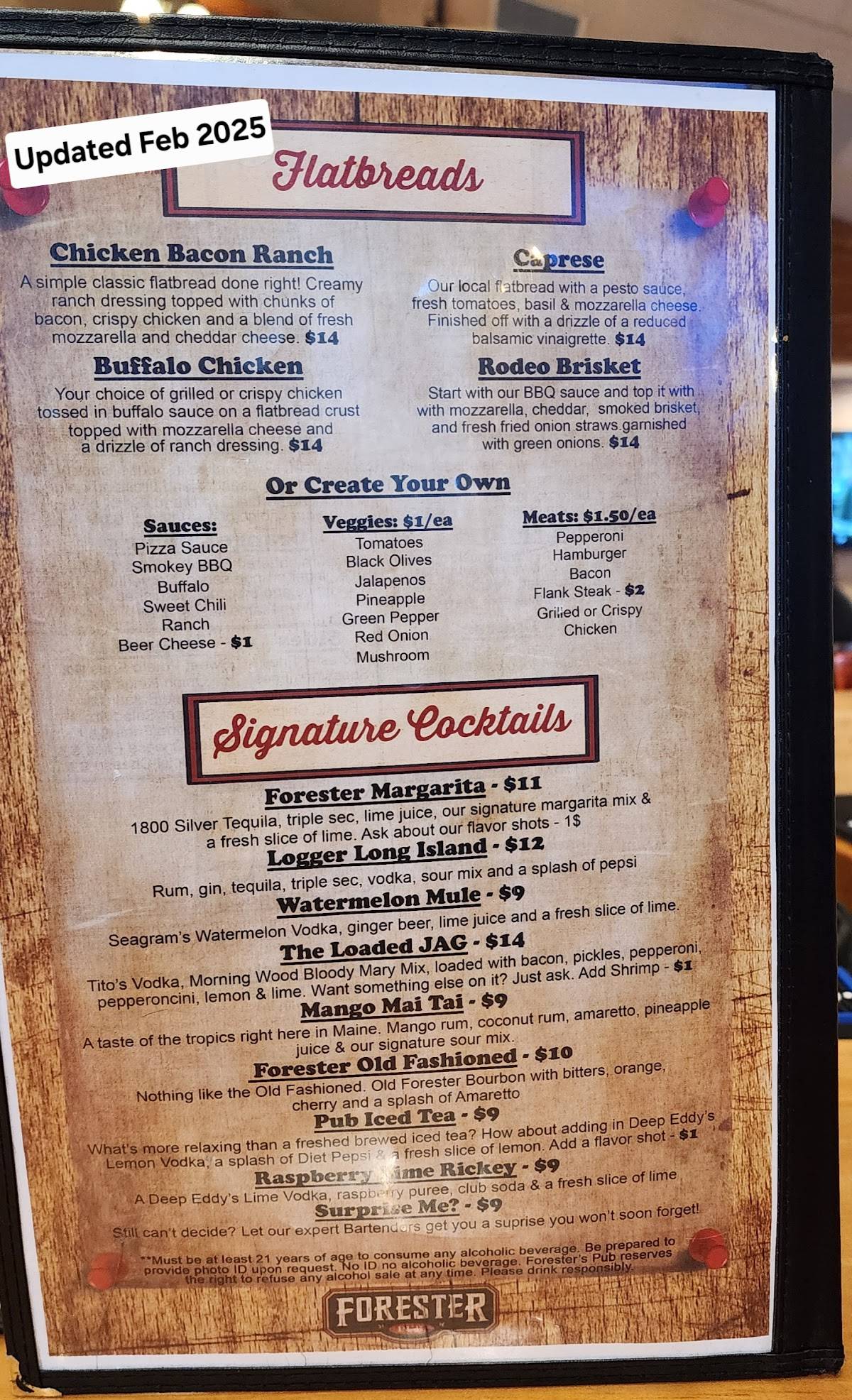 Menu at The Forester Pub, Lincoln
