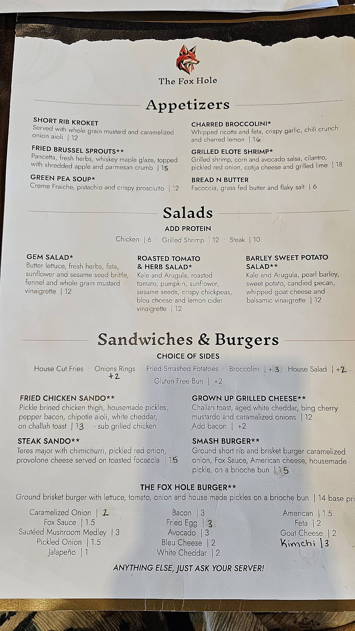 Menu at The Fox Hole restaurant, Orange City