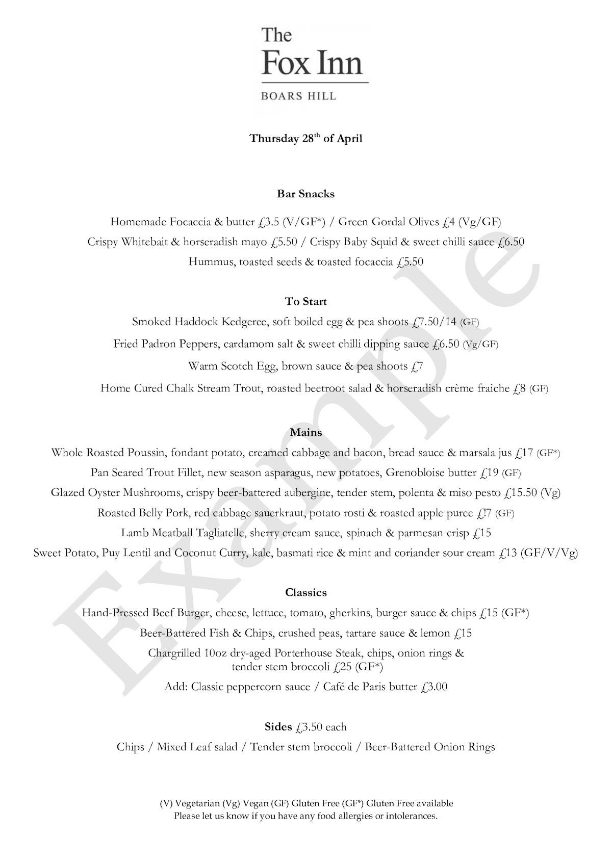 Menu at The Fox Inn pub & bar, Oxford, Fox Ln