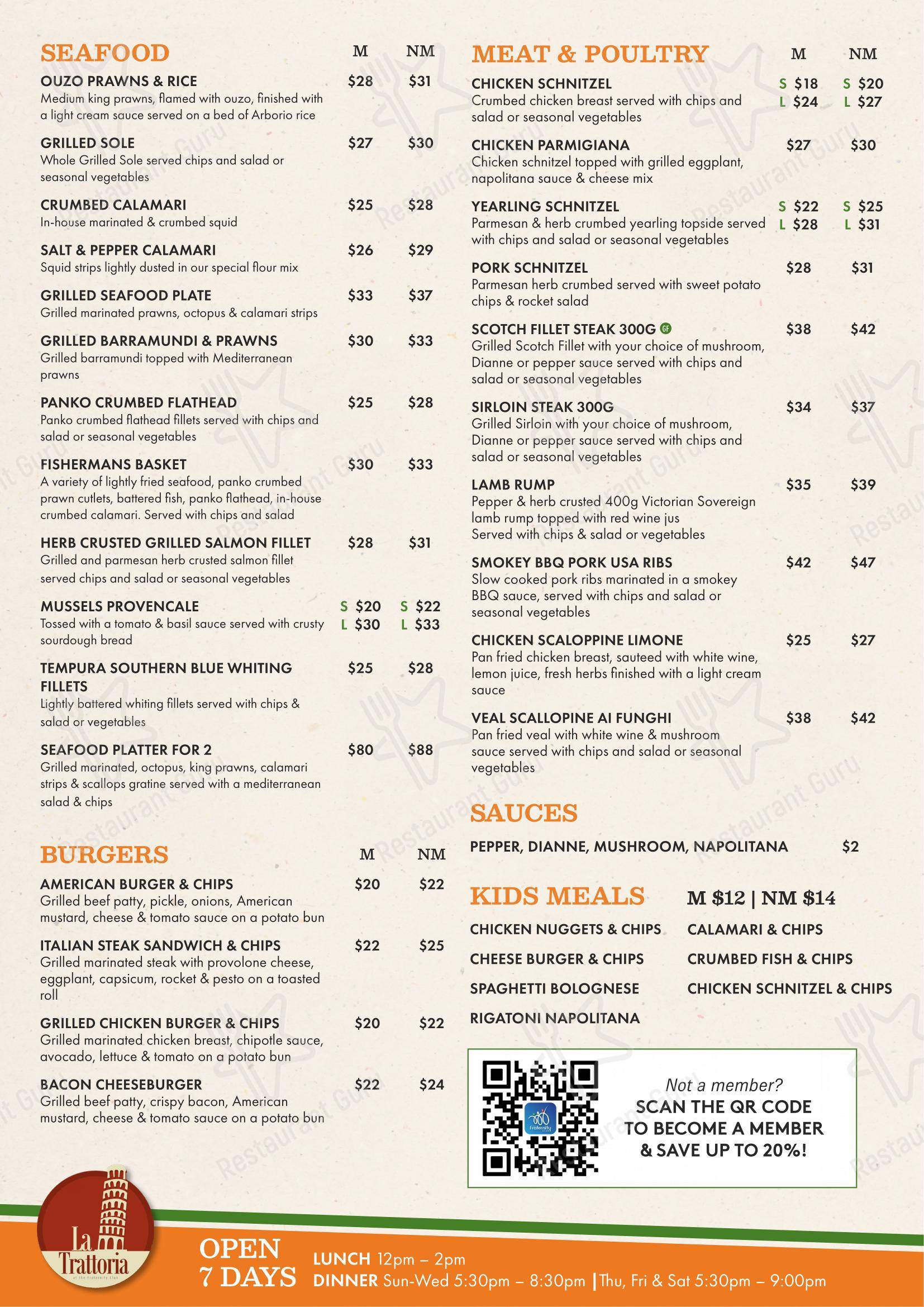 Menu at The Fraternity Club, Fairy Meadow