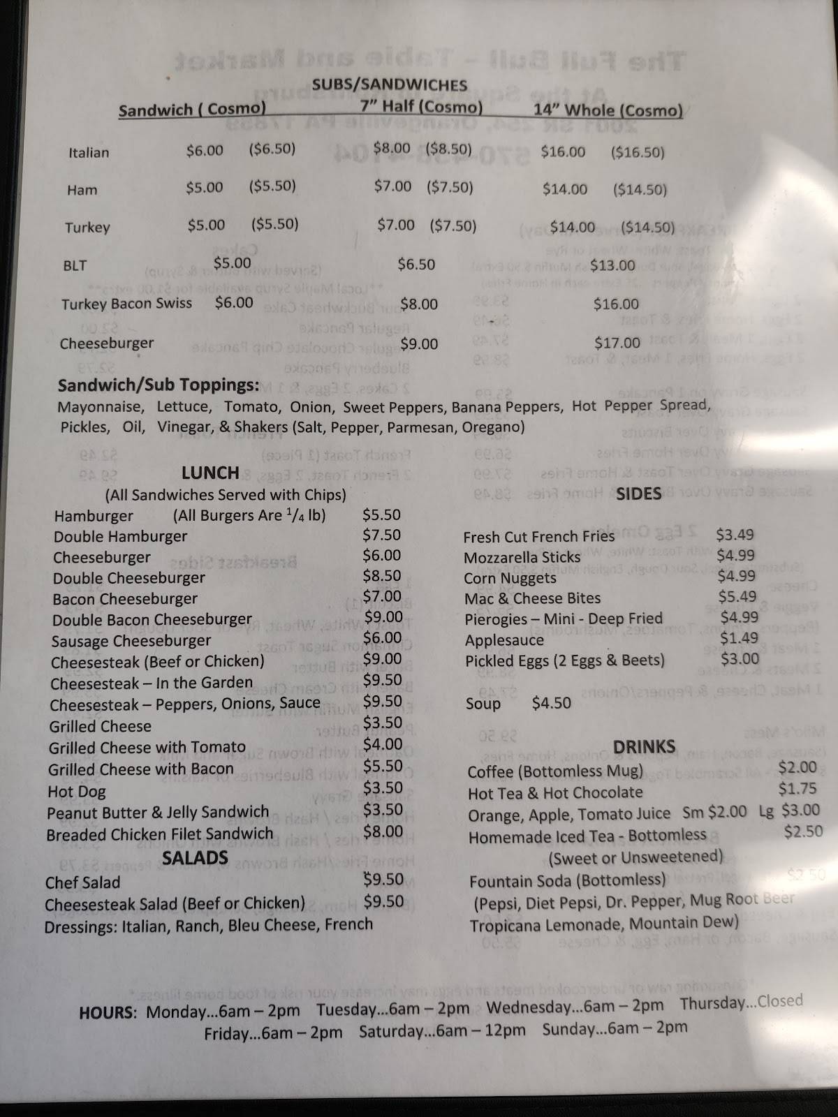 Menu at The Full Bull Table & Market restaurant, Rohrsburg, State Rte 254