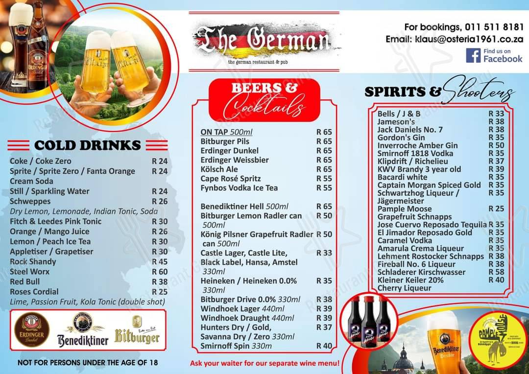 Menu at The German Restaurant & Pub, Chartwell