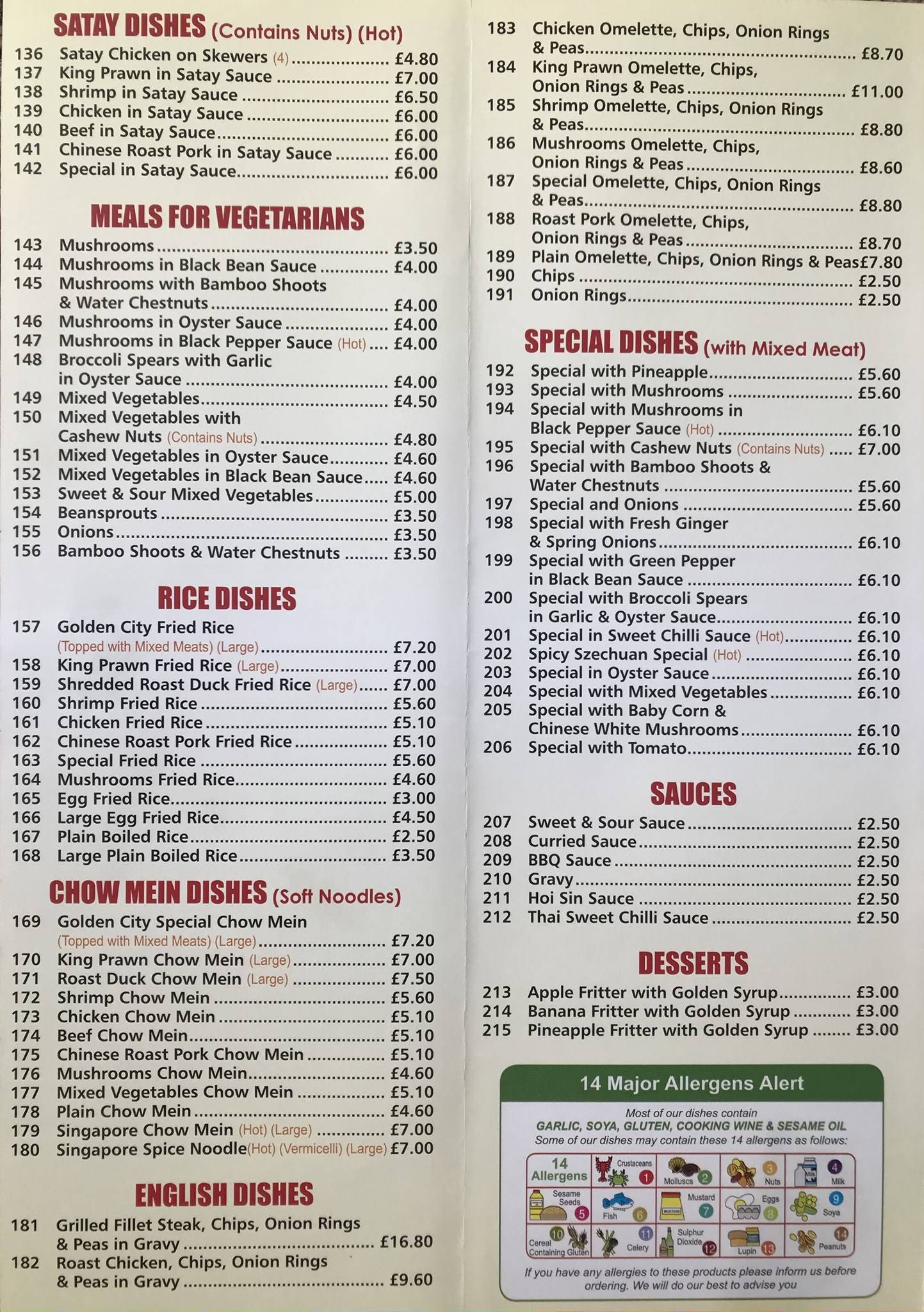 Menu at The Golden City restaurant, Spalding
