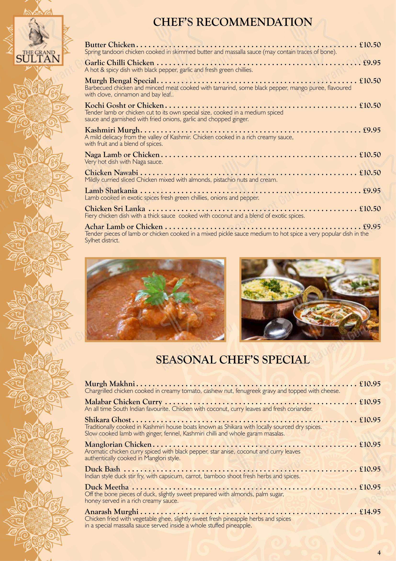 Menu at The Grand Sultan restaurant, Port Talbot