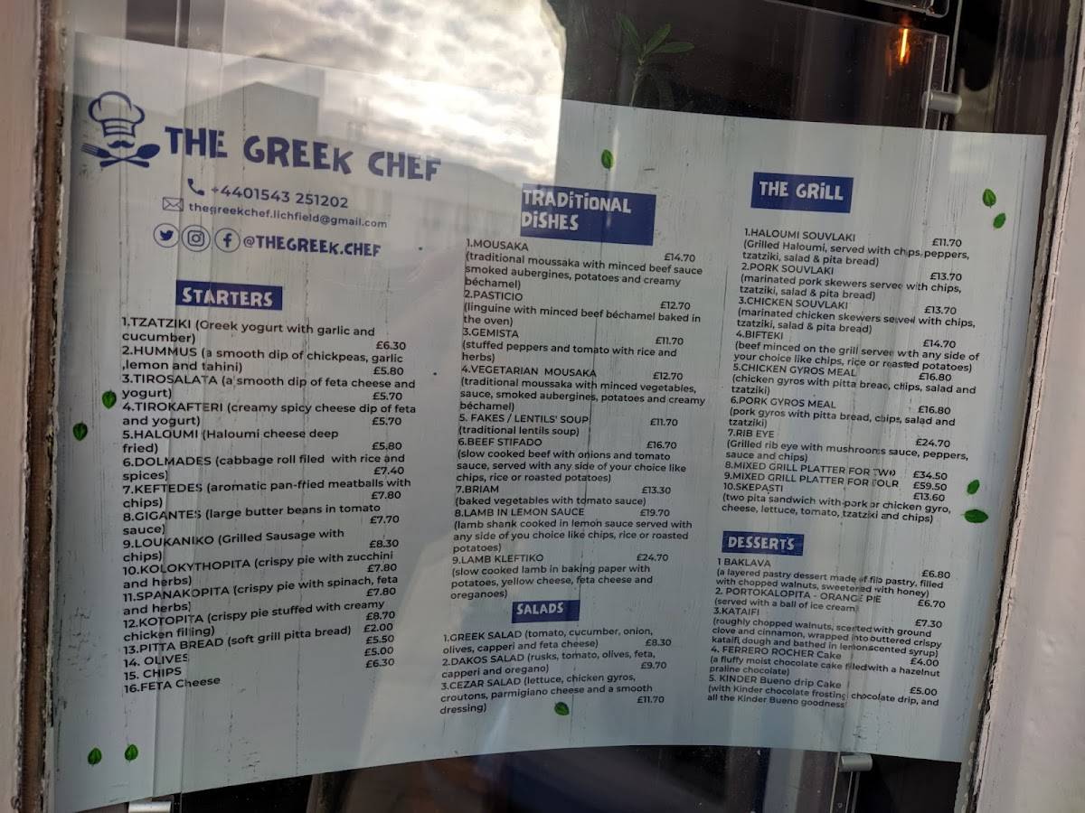 Menu at The Greek Chef restaurant, Lichfield