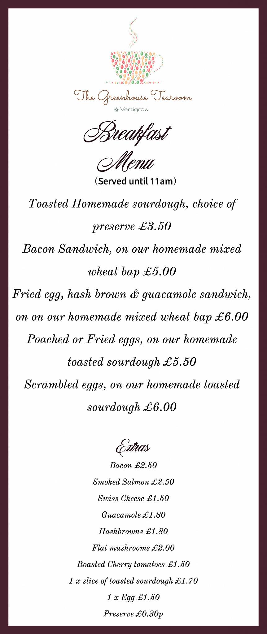 Menu at The Greenhouse Tearoom cafe, York