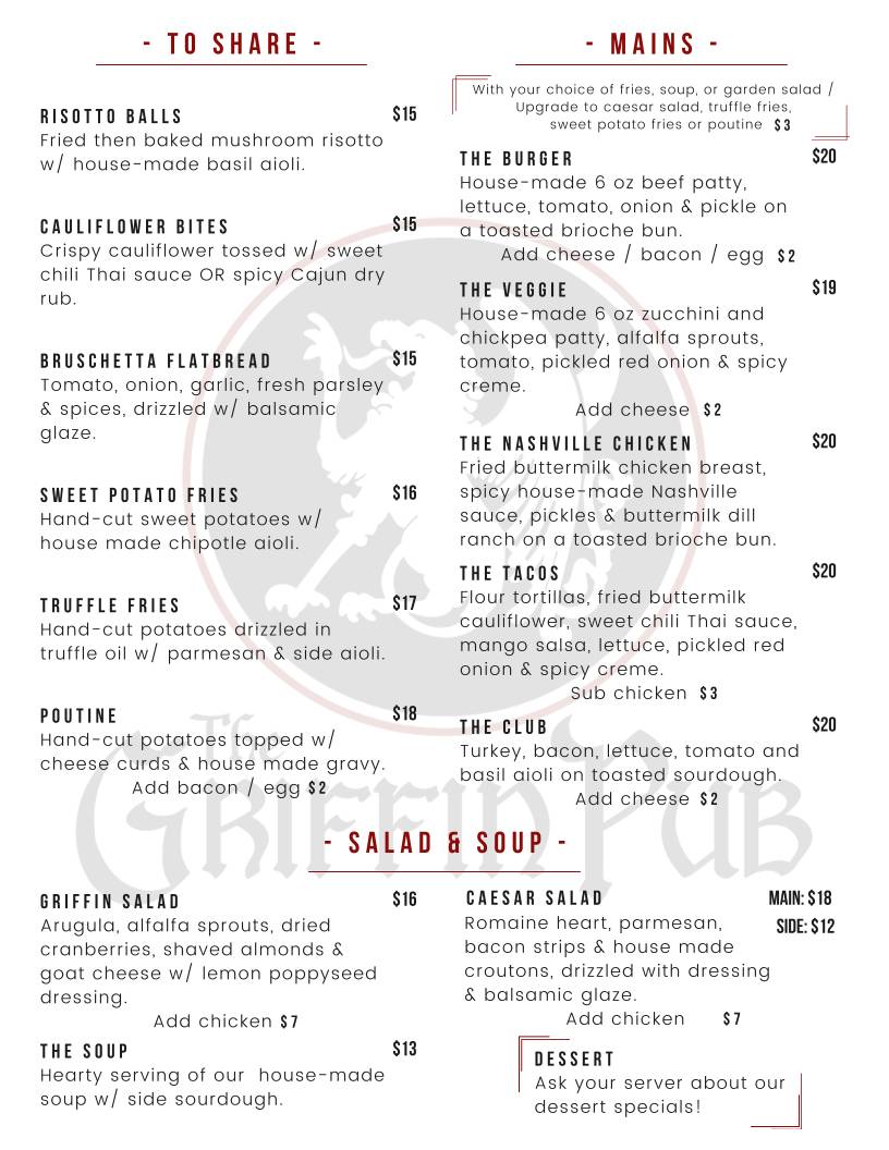 Menu at The Griffin Pub, Bracebridge
