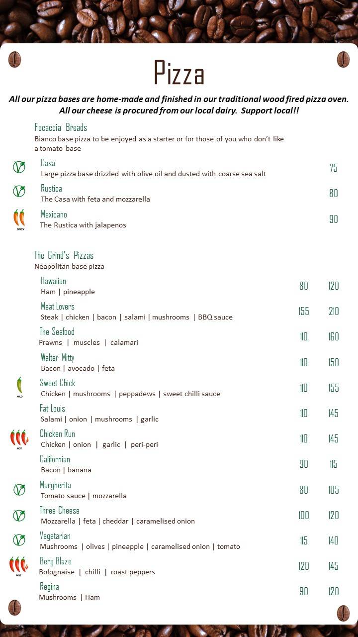 Menu at The Grind Cafe, Underberg
