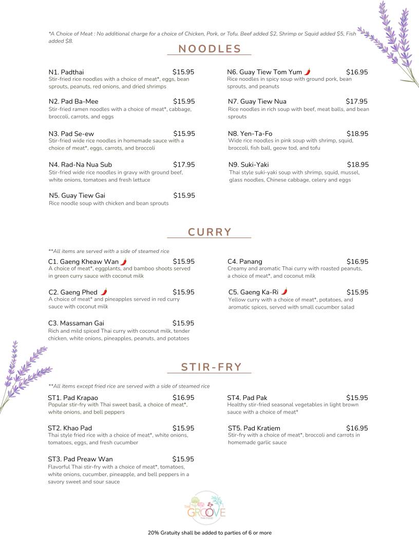 Menu at The Groove Thai Food restaurant, San Marcos