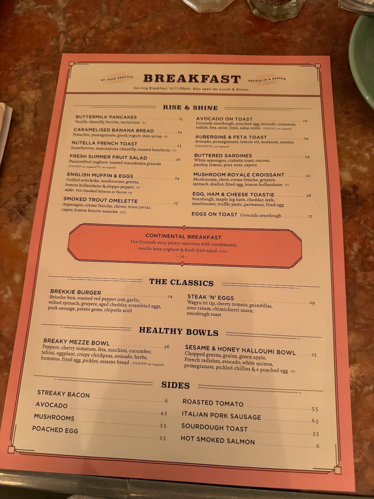 Menu at The Grounds of the City cafe, Sydney