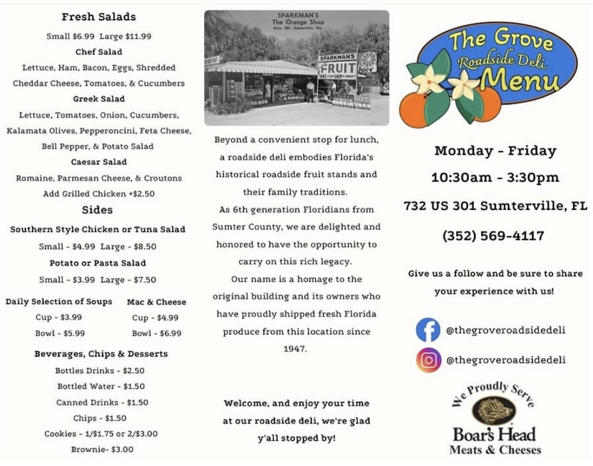 Carta de The Grove Roadside Deli, Sumterville