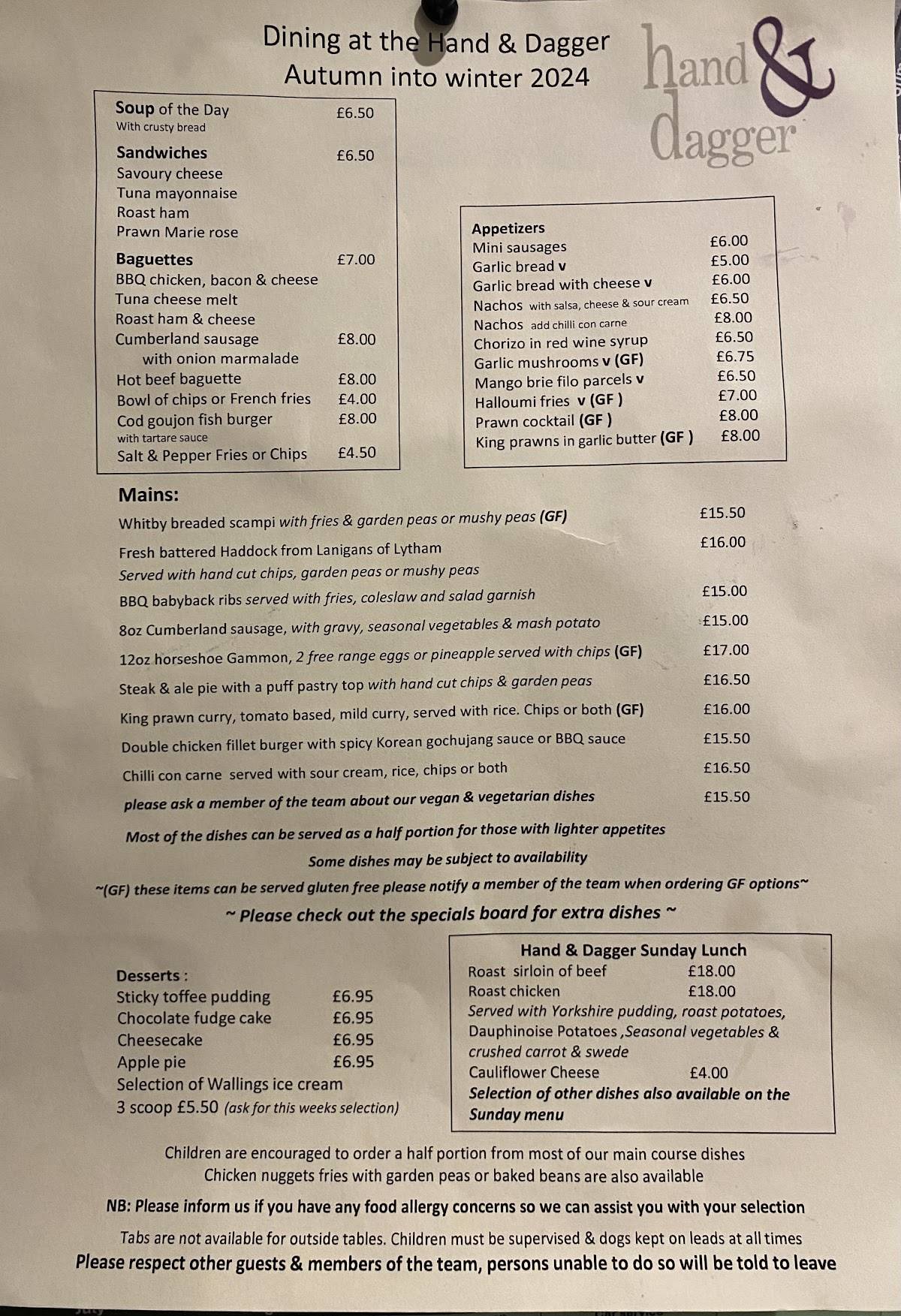 Menu at The Hand & Dagger Inn pub & bar, Clifton
