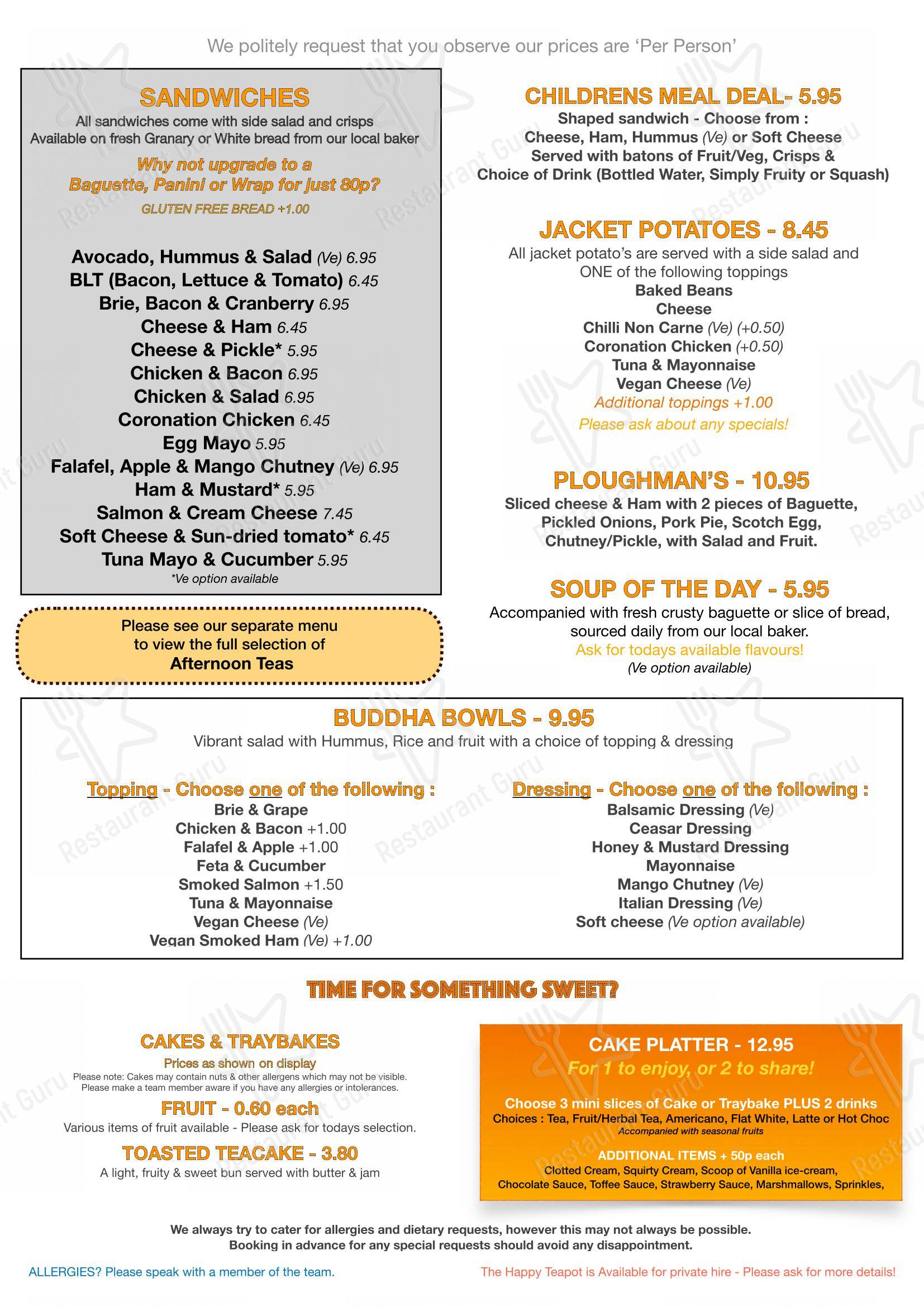 Menu at The Happy Teapot cafe, Worthing