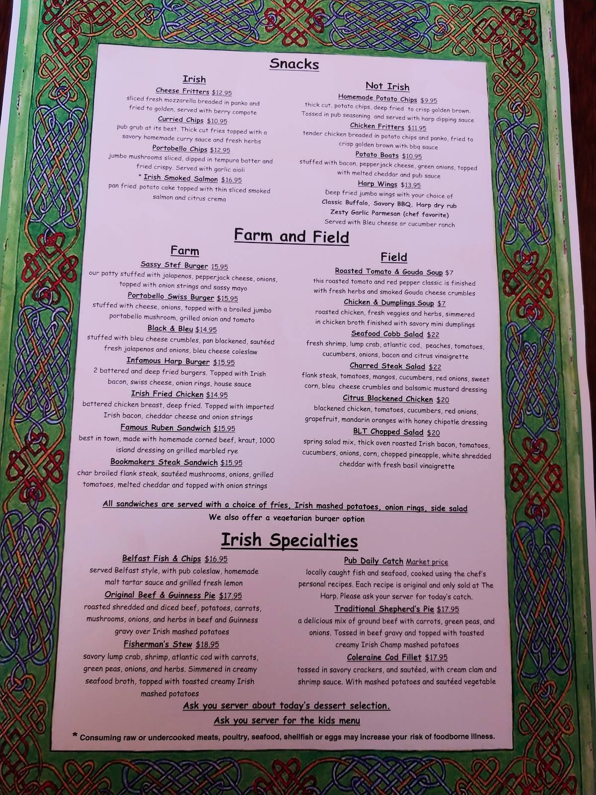 Menu at The Harp pub & bar, Wilmington