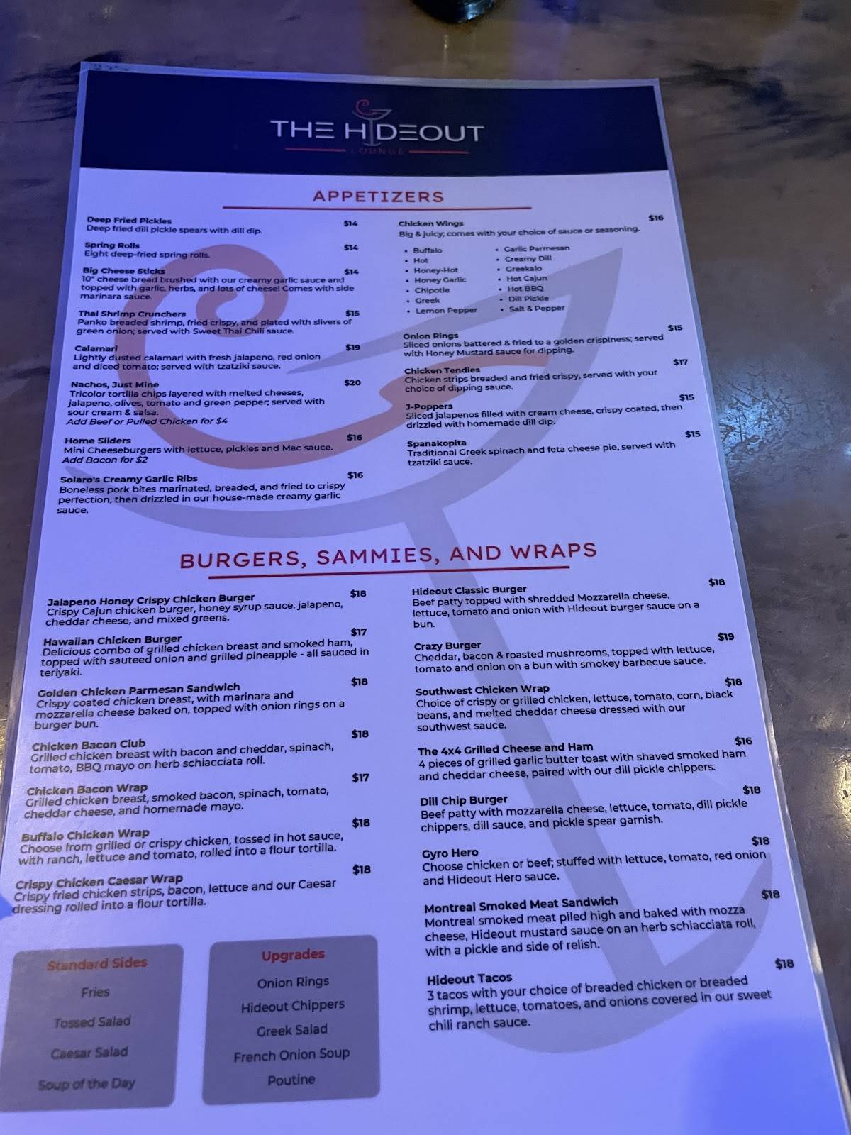 Menu at The Hideout Lounge pub & bar, Saskatoon
