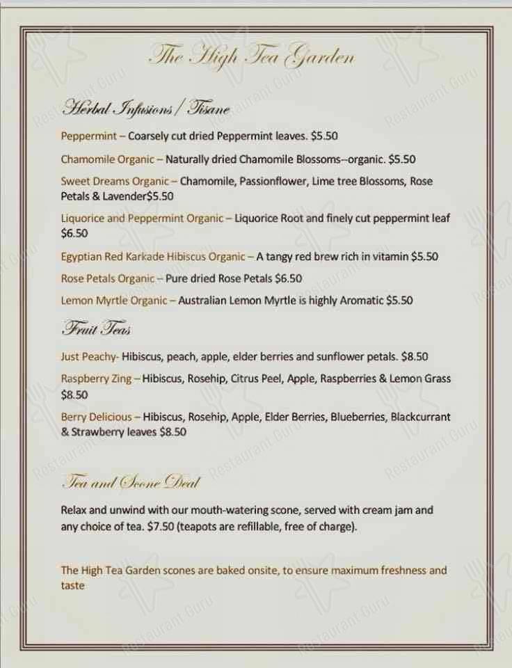 Menu at The High Tea Garden cafe, Lane Cove
