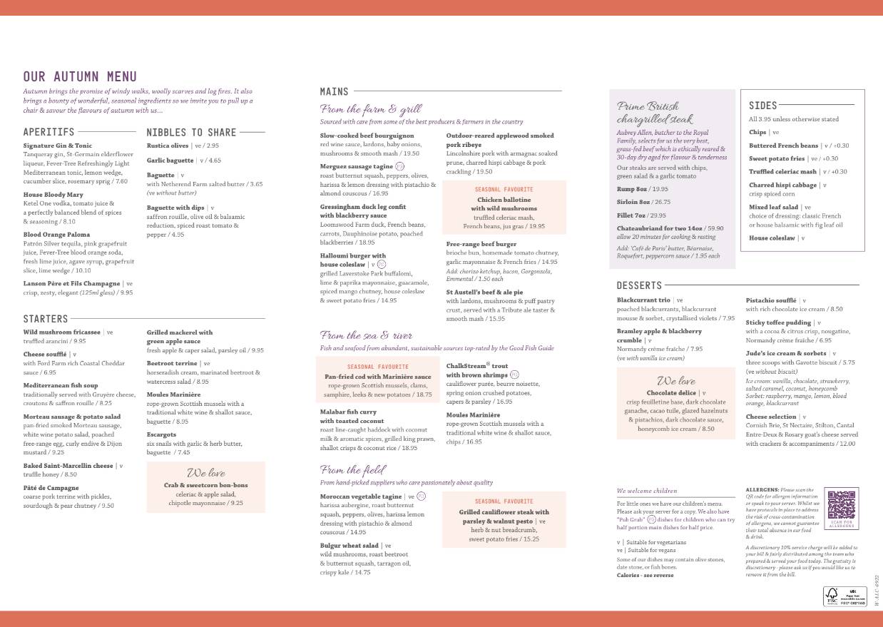 Menu at The Highwayman restaurant, Berkhamsted