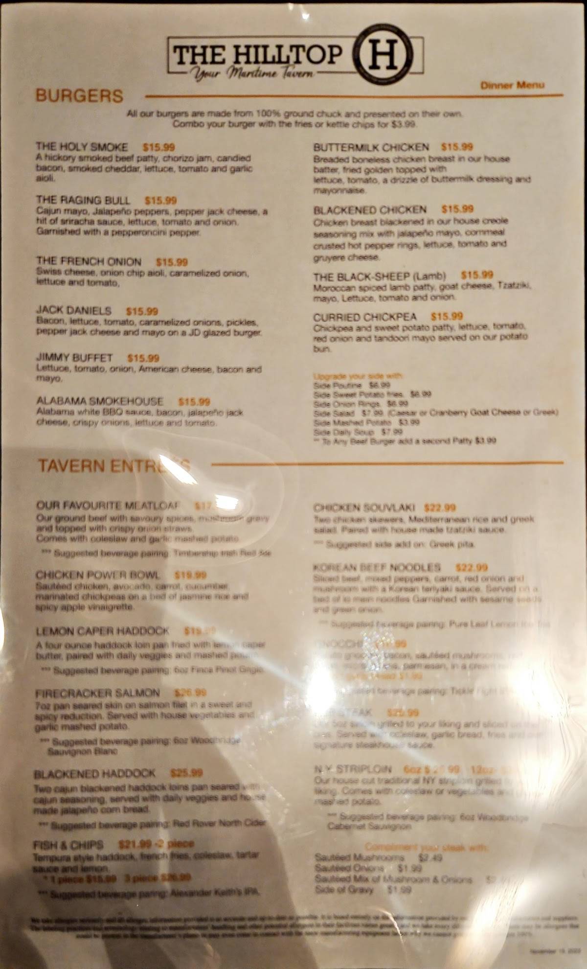 Menu at The Hilltop Maritime Tavern pub & bar, Fredericton