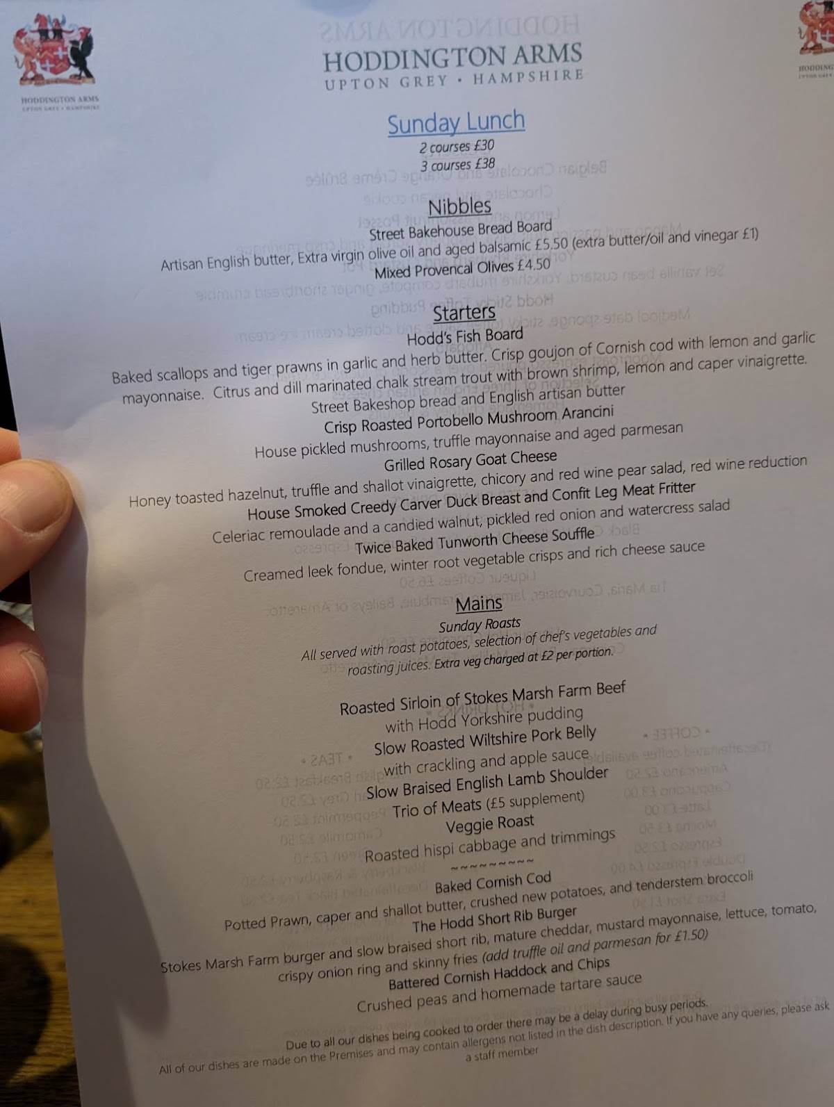 Menu at The Hoddington Arms pub & bar, Old Basing