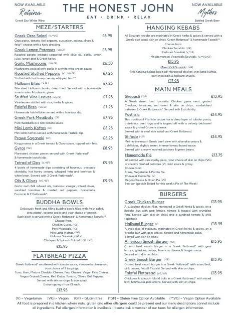 Menu at The Honest John Bar & Coffee Tavern, Todmorden