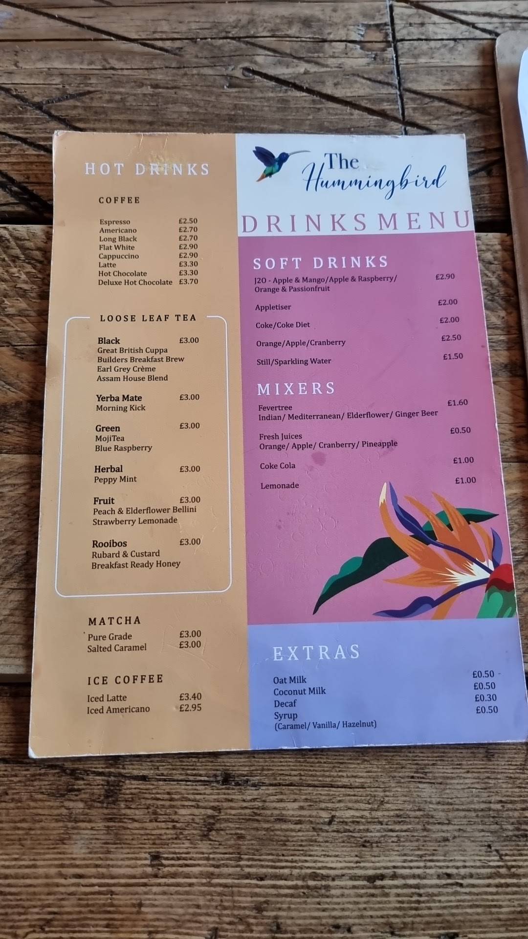 Menu at The Hummingbird cafe, Cottingham
