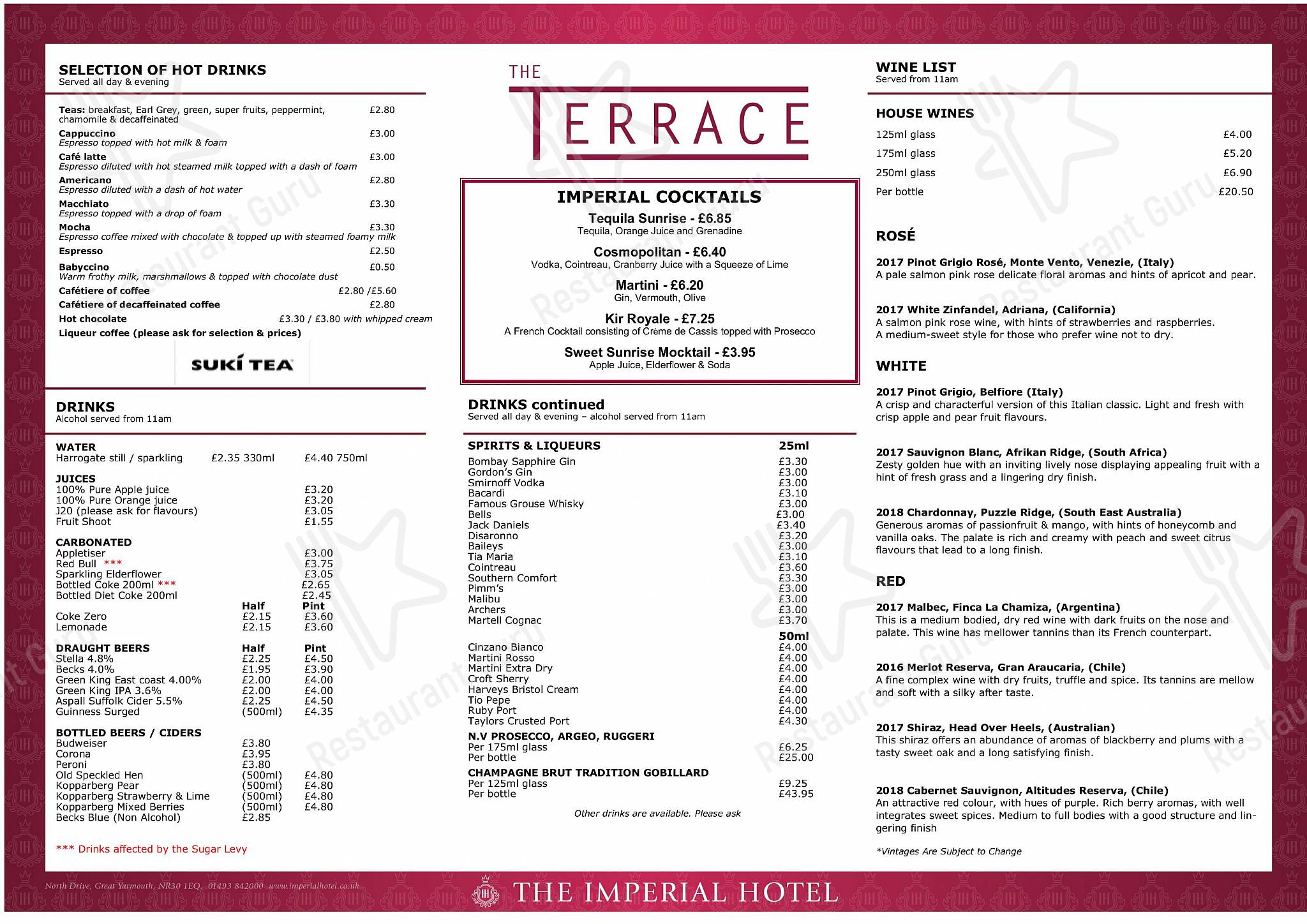 Menu at Imperial Hotel restaurant, Great Yarmouth